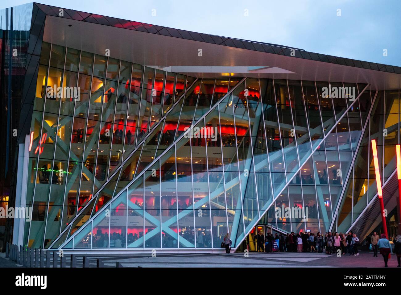 High glass facade with red light. Dublin docklands. Irelands Modern ...