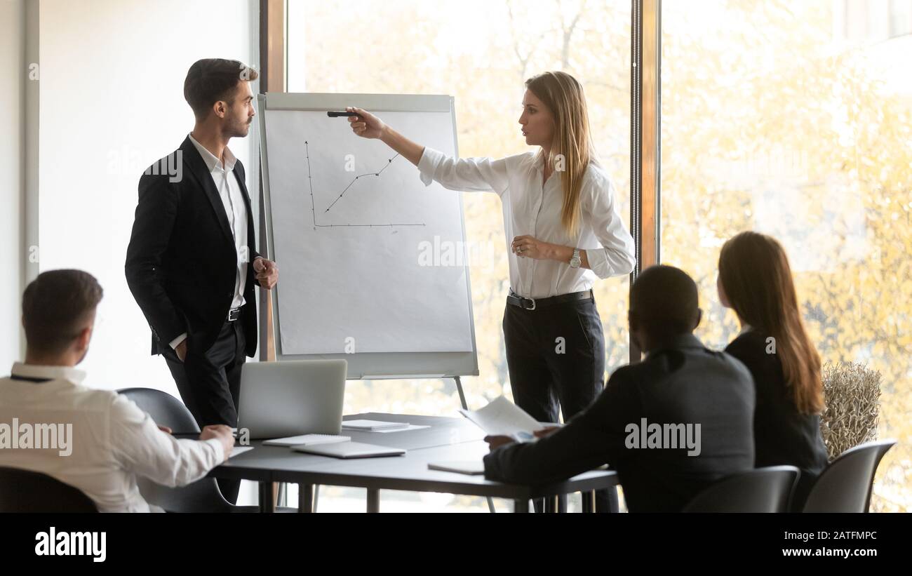 Company boss and business trainer make presentation during group ...