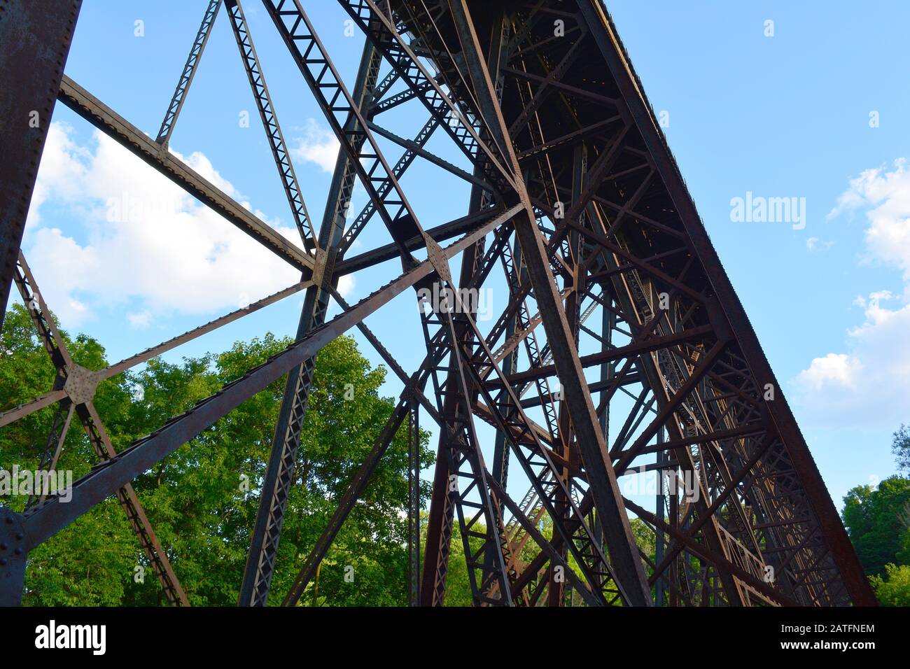 Metal rusty brown rail road bridge debris from below. Railway across ...