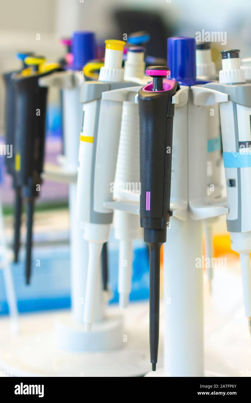 Automatic pipettes are on the holder. Chemical or Clinical laboratory ...