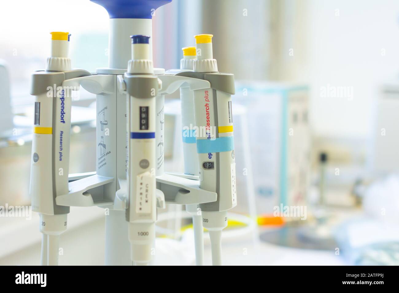 Automatic pipettes are on the holder. Chemical or Clinical laboratory ...