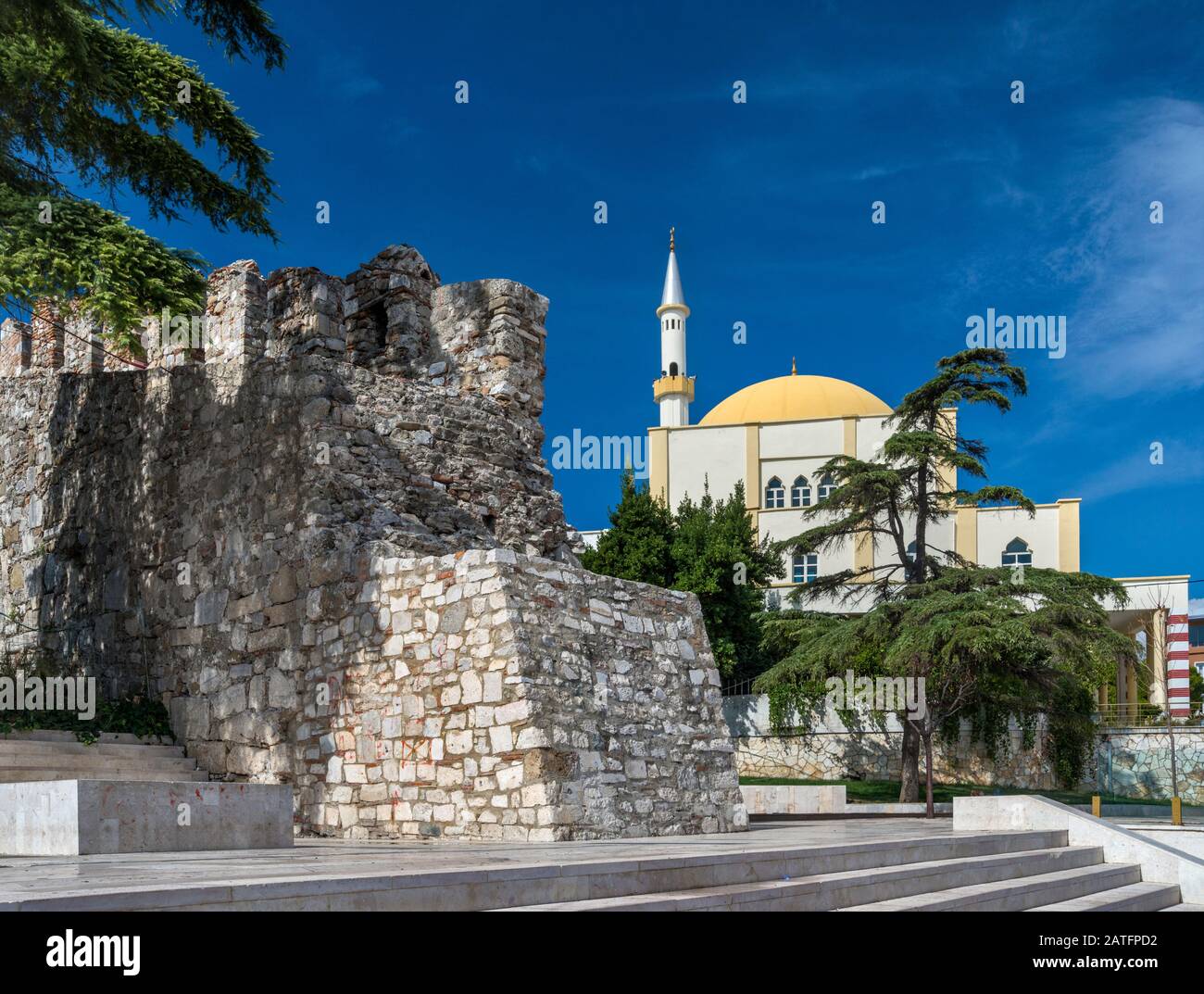 Byzantine city wall, minaret at Great Mosque, in Durres, Albania Stock ...