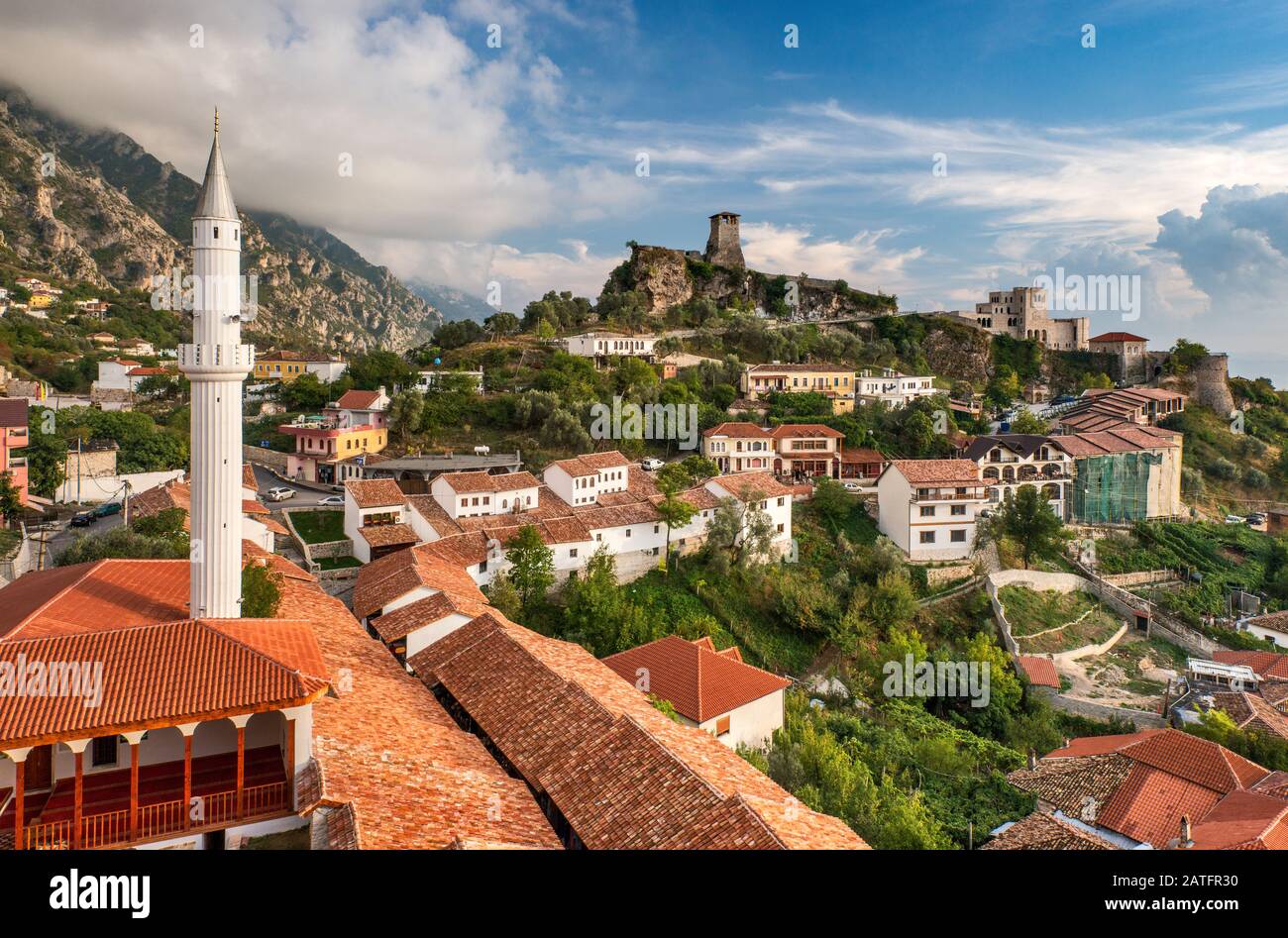 Castle, Skanderbeg Museum, minaret, view from Panorama Hotel in Kruja ...