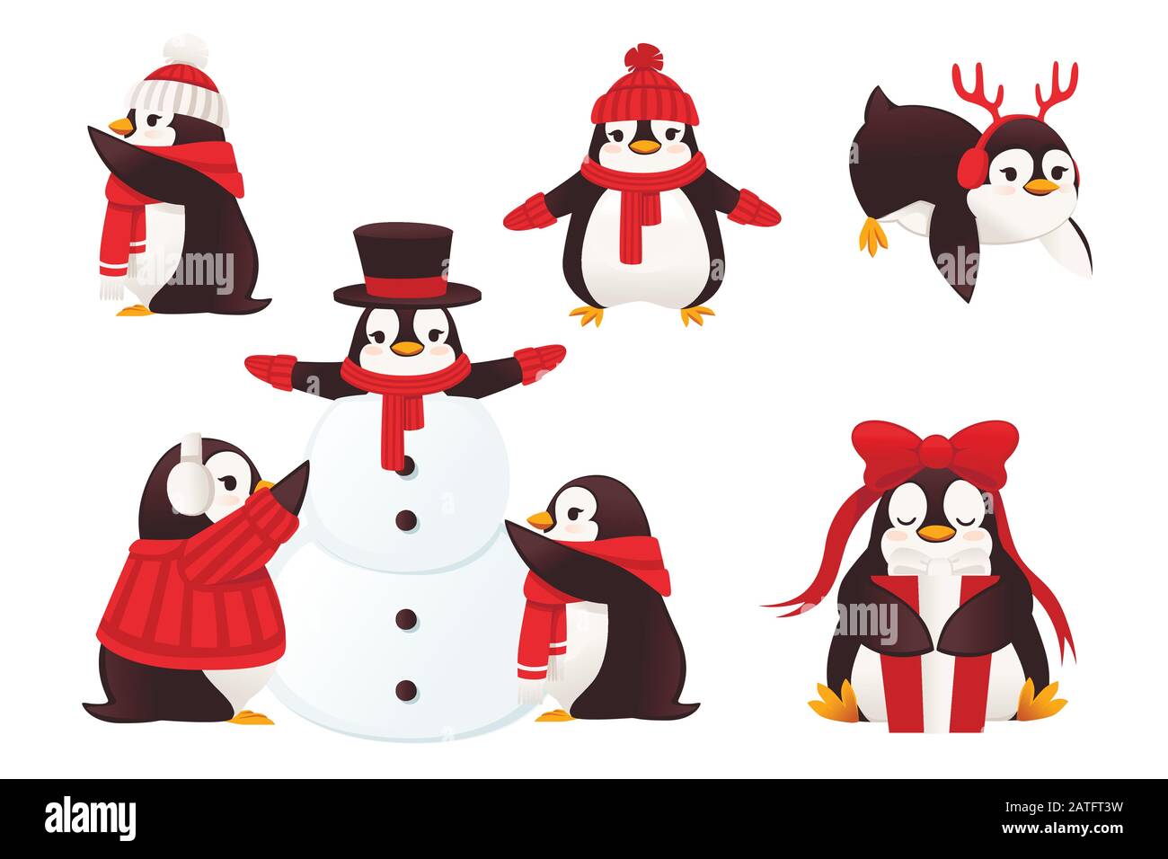 Set of cute penguins dressed in warm winter clothes and building snow ...