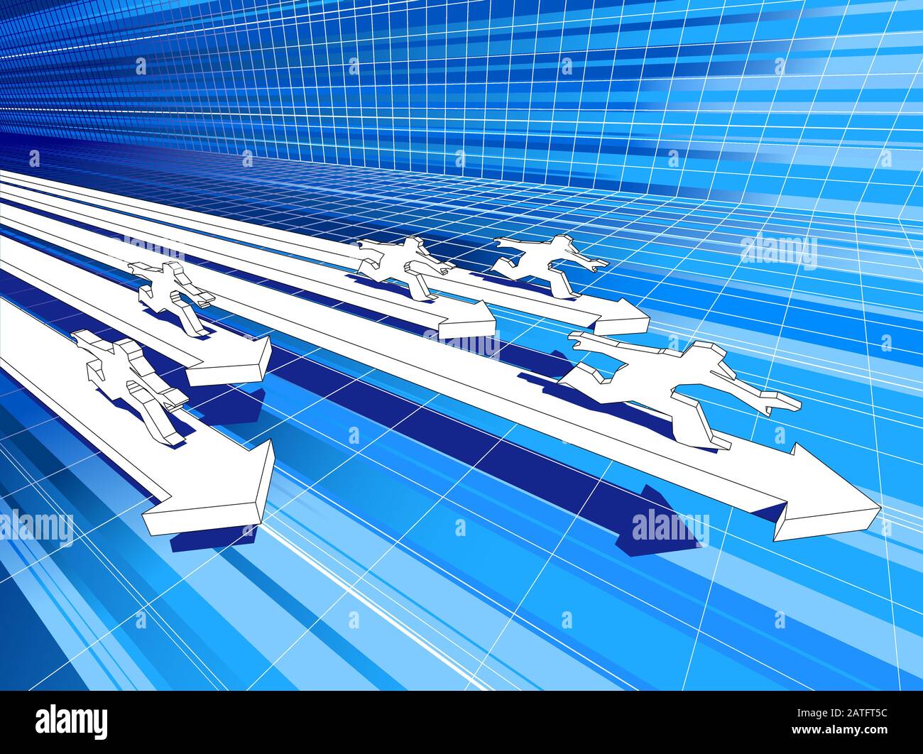 five men riding on fast diagram arrows in abstract business diagram ...