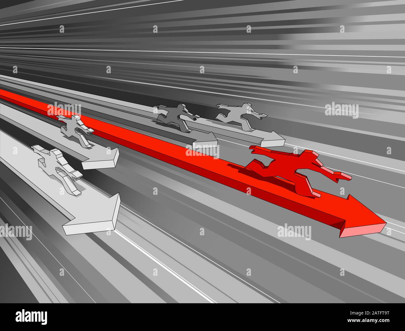 five men riding on fast diagram arrows in abstract business diagram ...