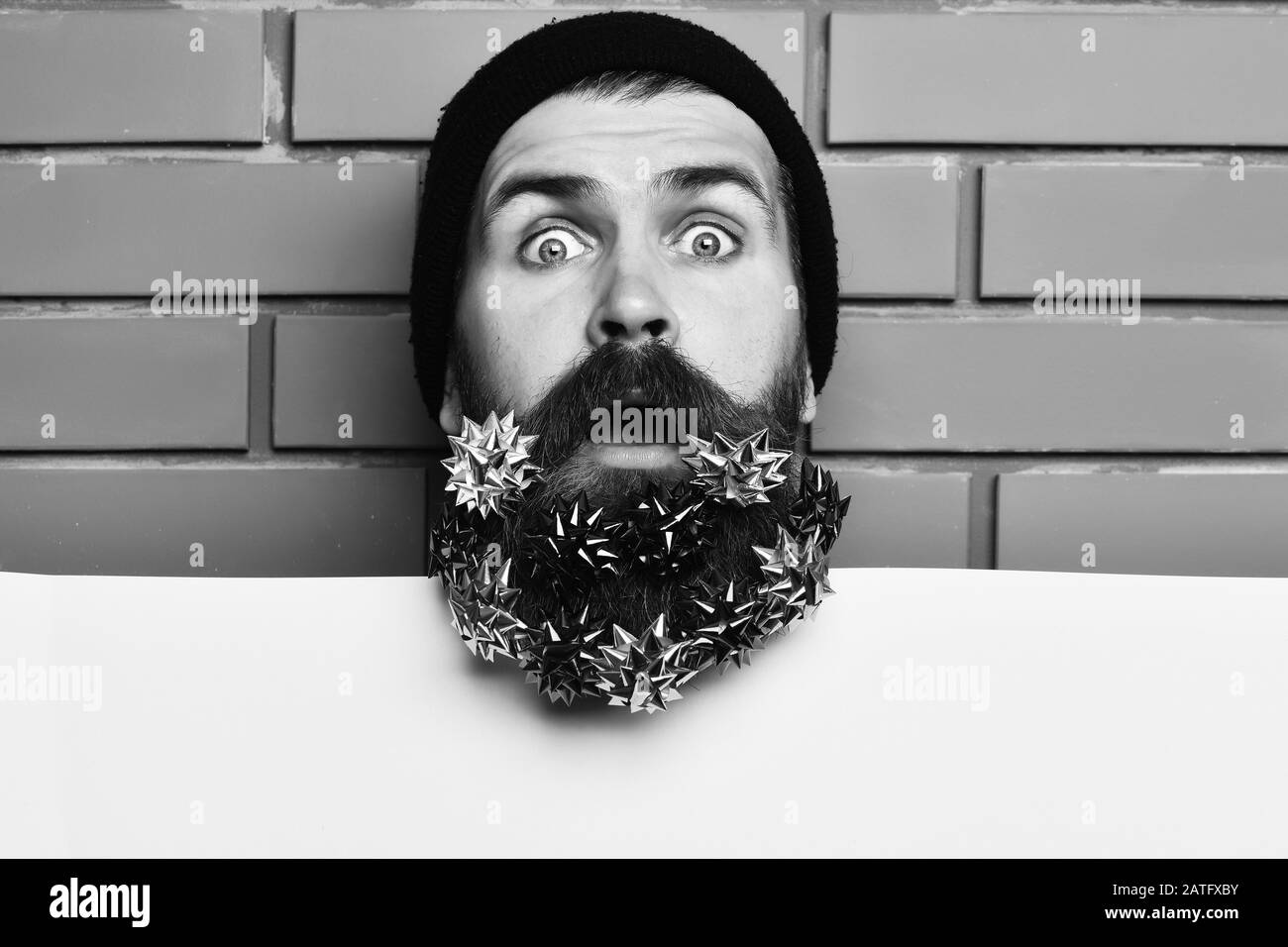 Bearded man, long beard. Brutal caucasian surprised hipster with ...