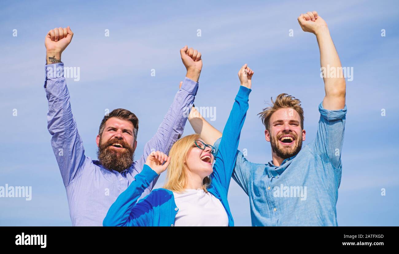 Employees enjoy feeling of freedom. Freedom concept. Company happy ...