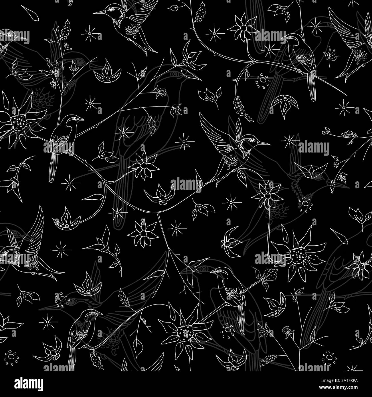 Hand drawn flying birds with floral pattern. Line art. Seamless natural ...