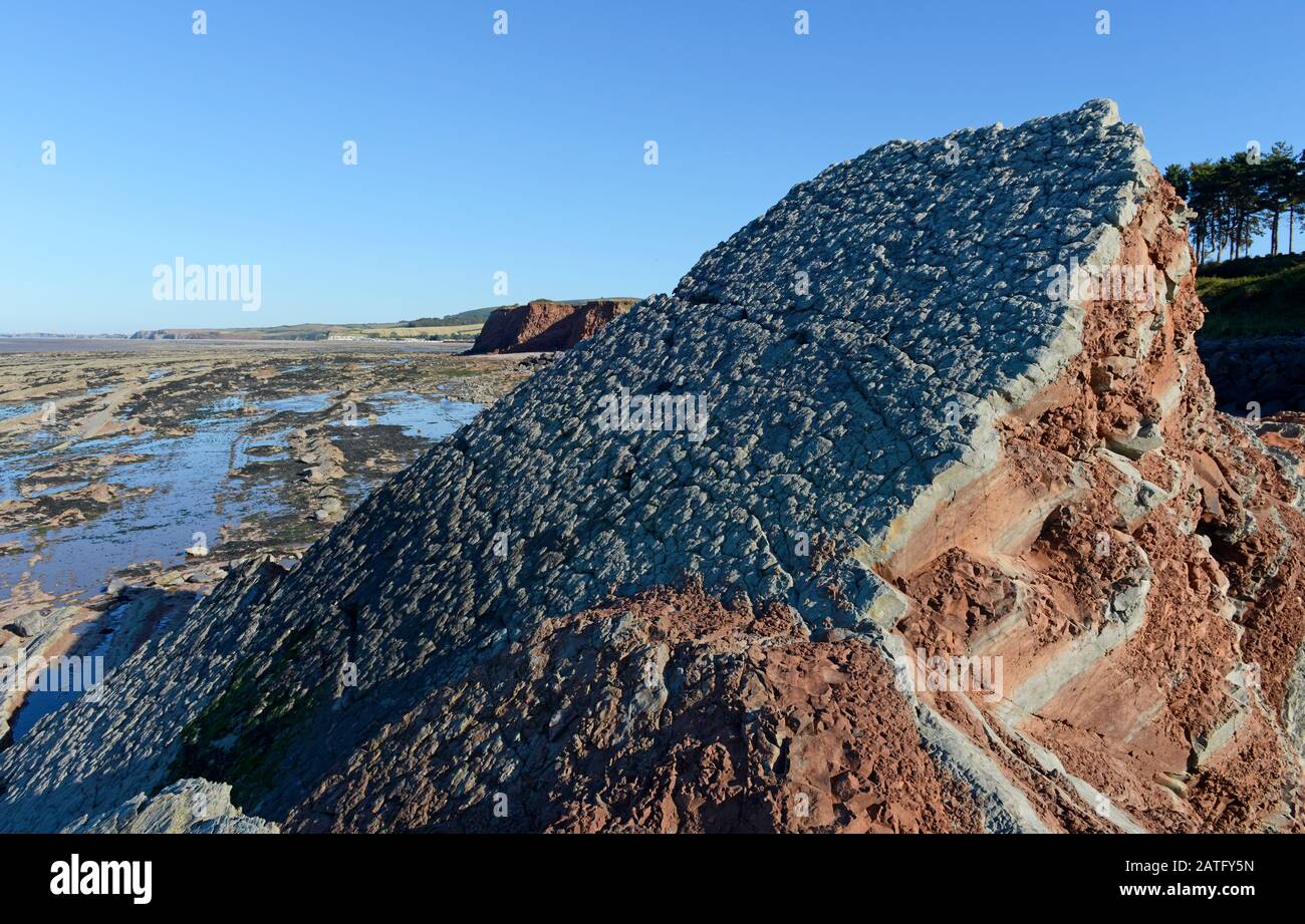 Mercia mudstone sedimentary rocks at Helwell Bay in the Severn estuary ...