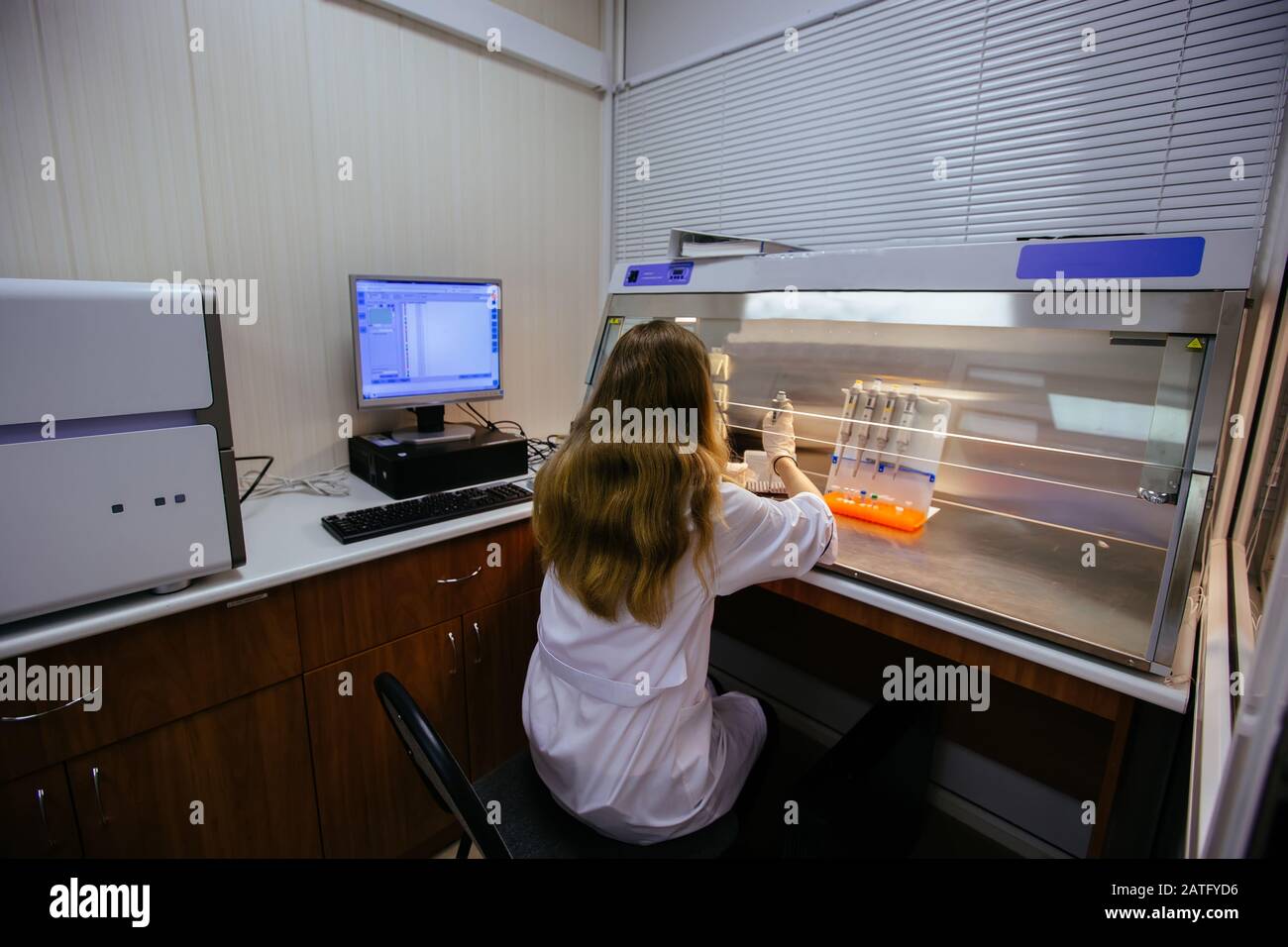 Scientist work in laminar box. She puts samples of DNA fragments for ...