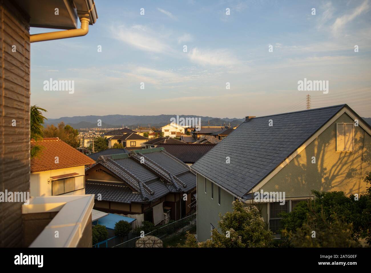 View over two-story homes in typical Japanese residential neighborhood ...