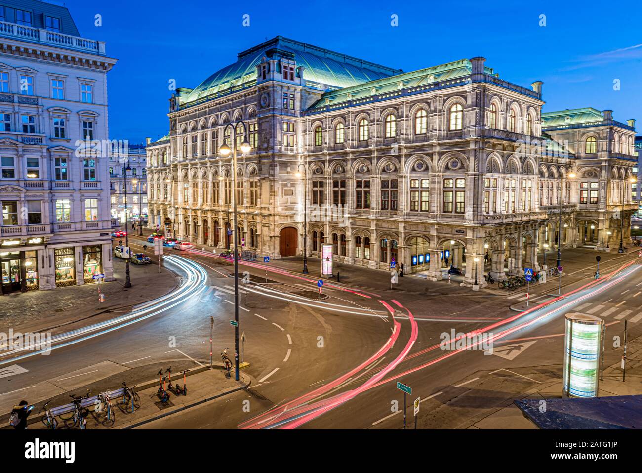 Long exposure with light trails outside the Vienna Opera House, Vienna ...
