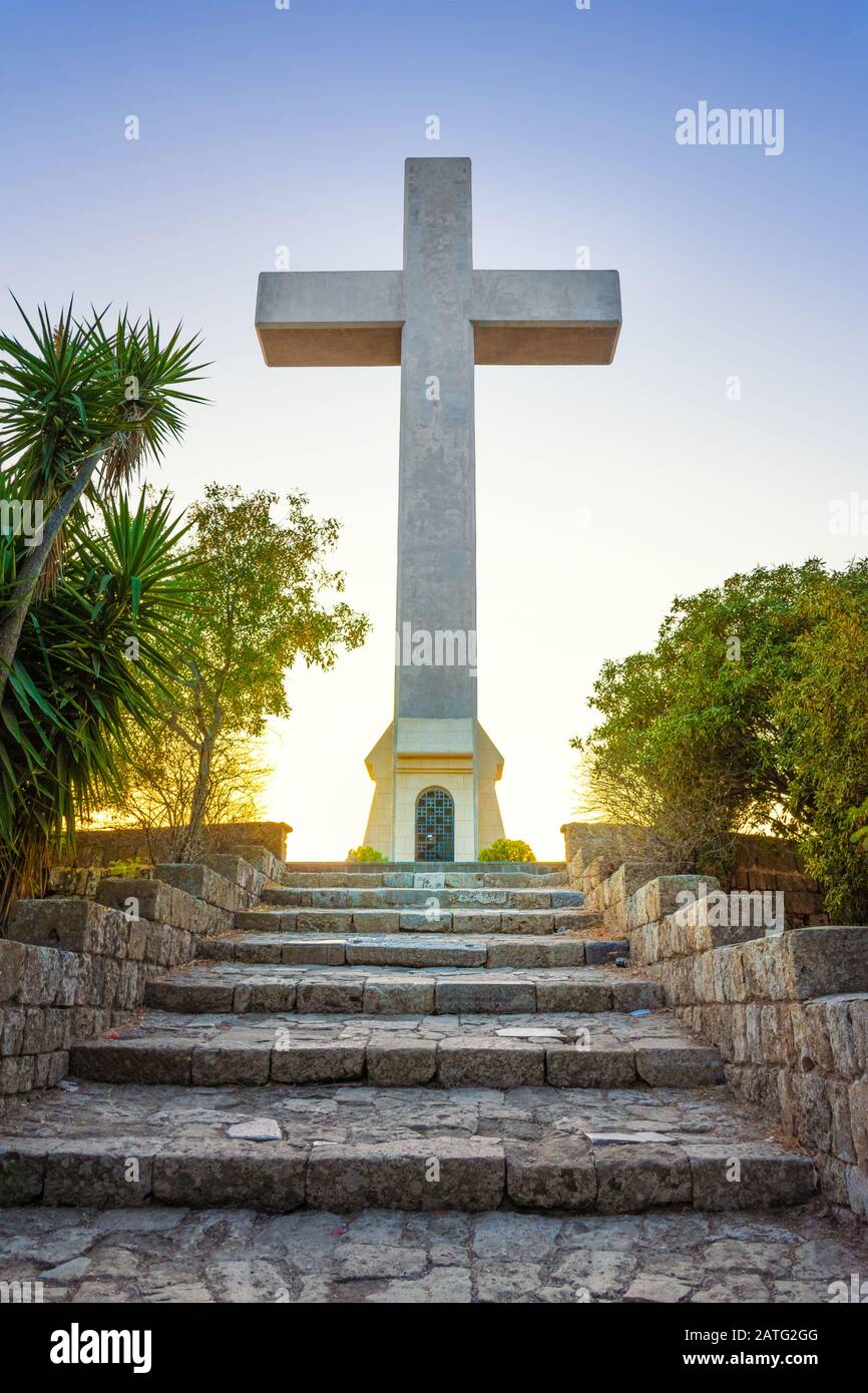 Stairs to gigantic cross made of concrete in Monastery of Filerimos on ...