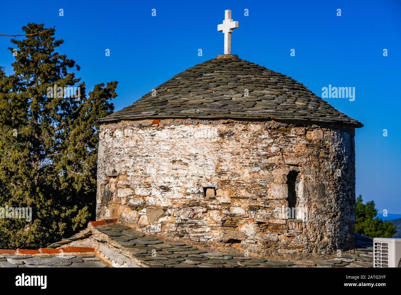 Traditional Greek Orthodox church in Old village Chora, Alonissos ...