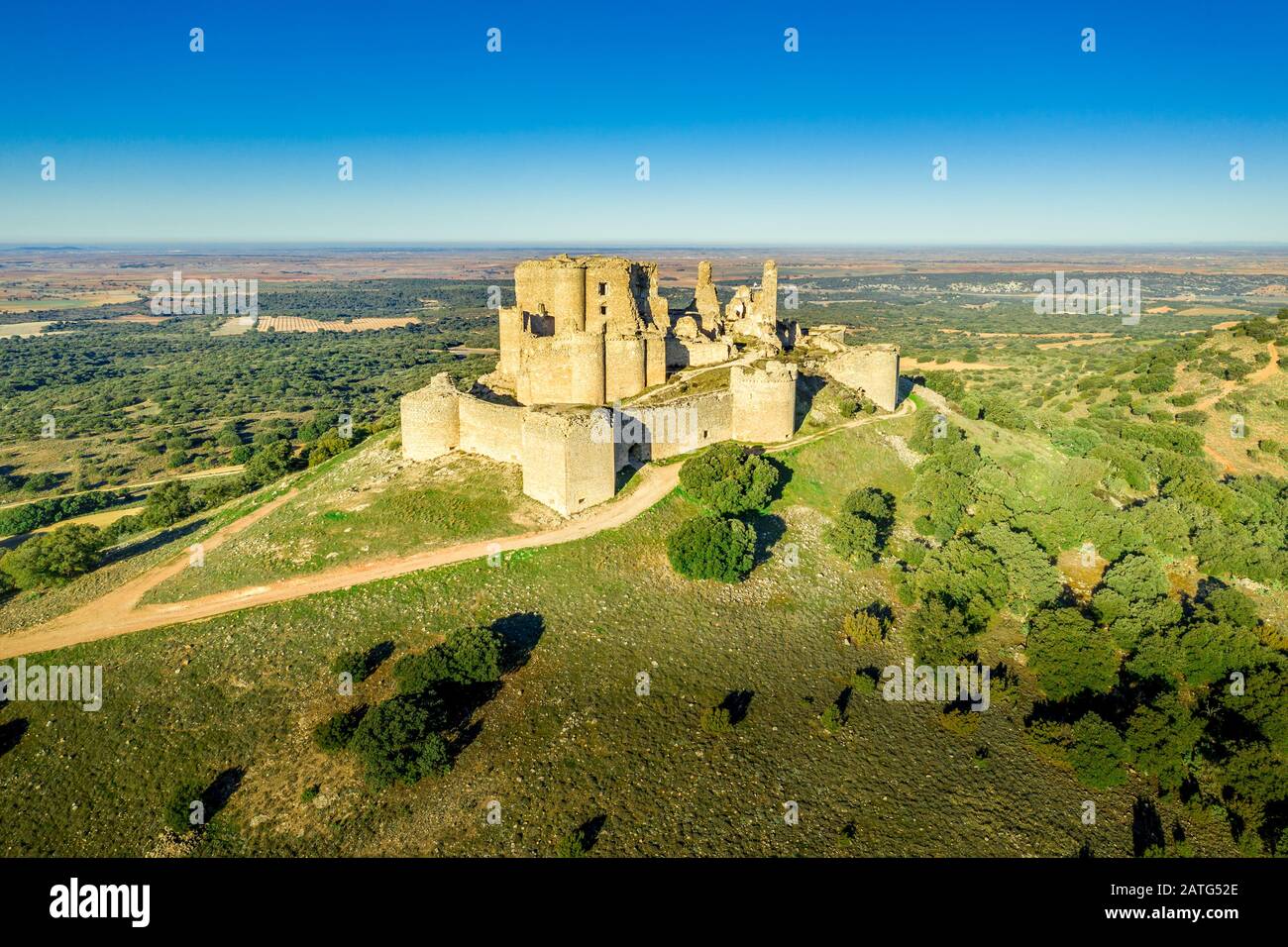 Aerial view of medieval castle ruin Pueble de Almenara in Cuenca Spain ...