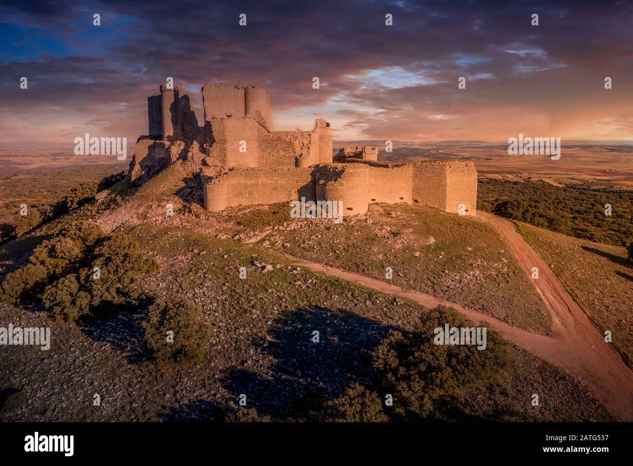 Aerial view of medieval castle ruin Pueble de Almenara in Cuenca Spain ...