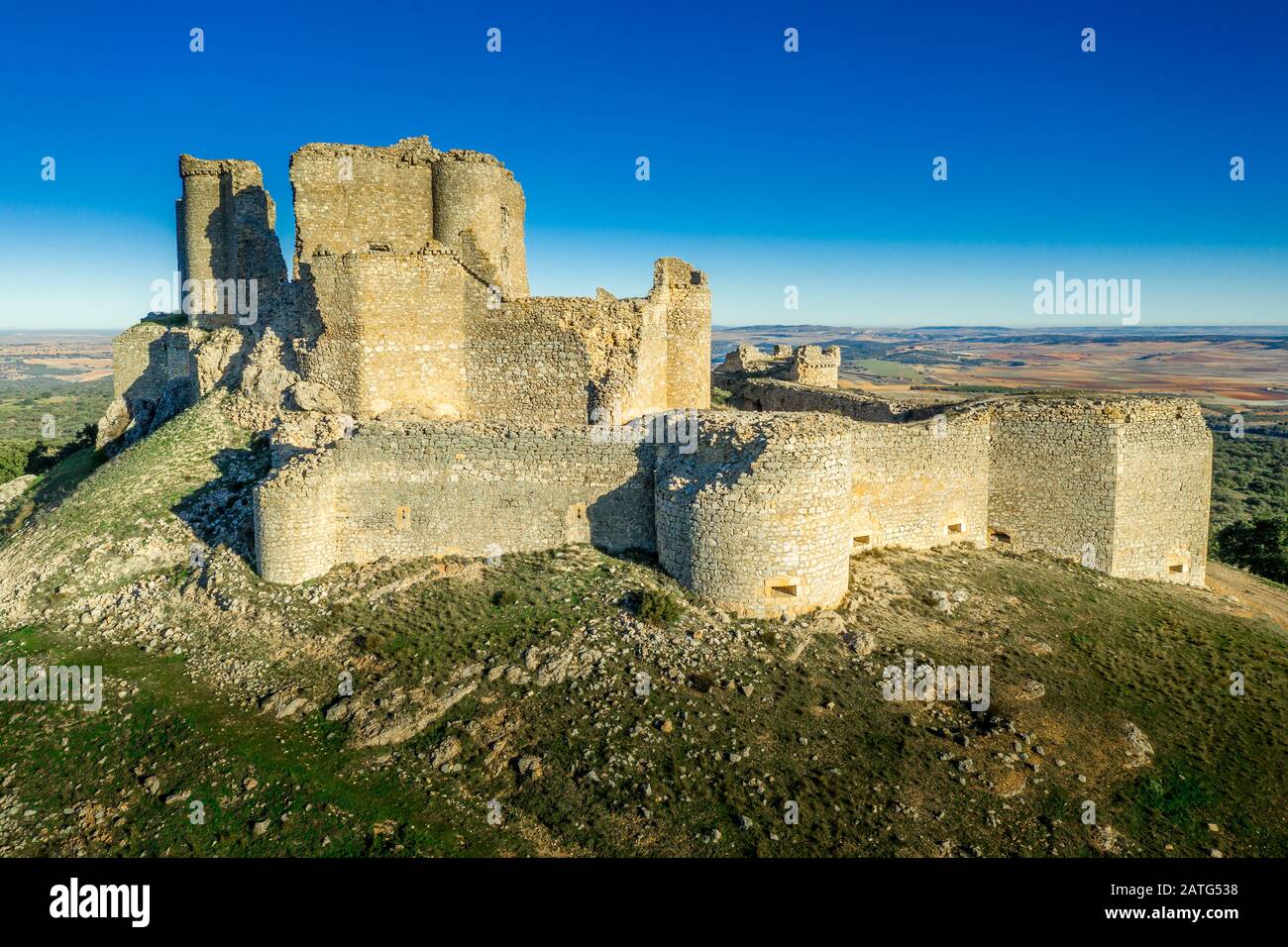 Aerial view of medieval castle ruin Pueble de Almenara in Cuenca Spain ...