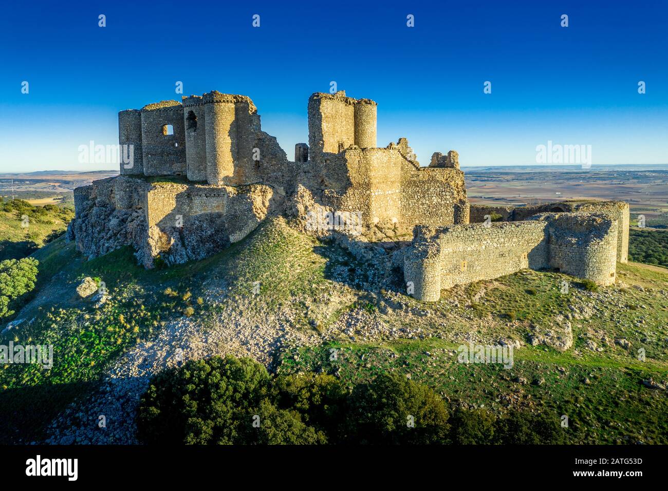 Aerial view of medieval castle ruin Pueble de Almenara in Cuenca Spain ...