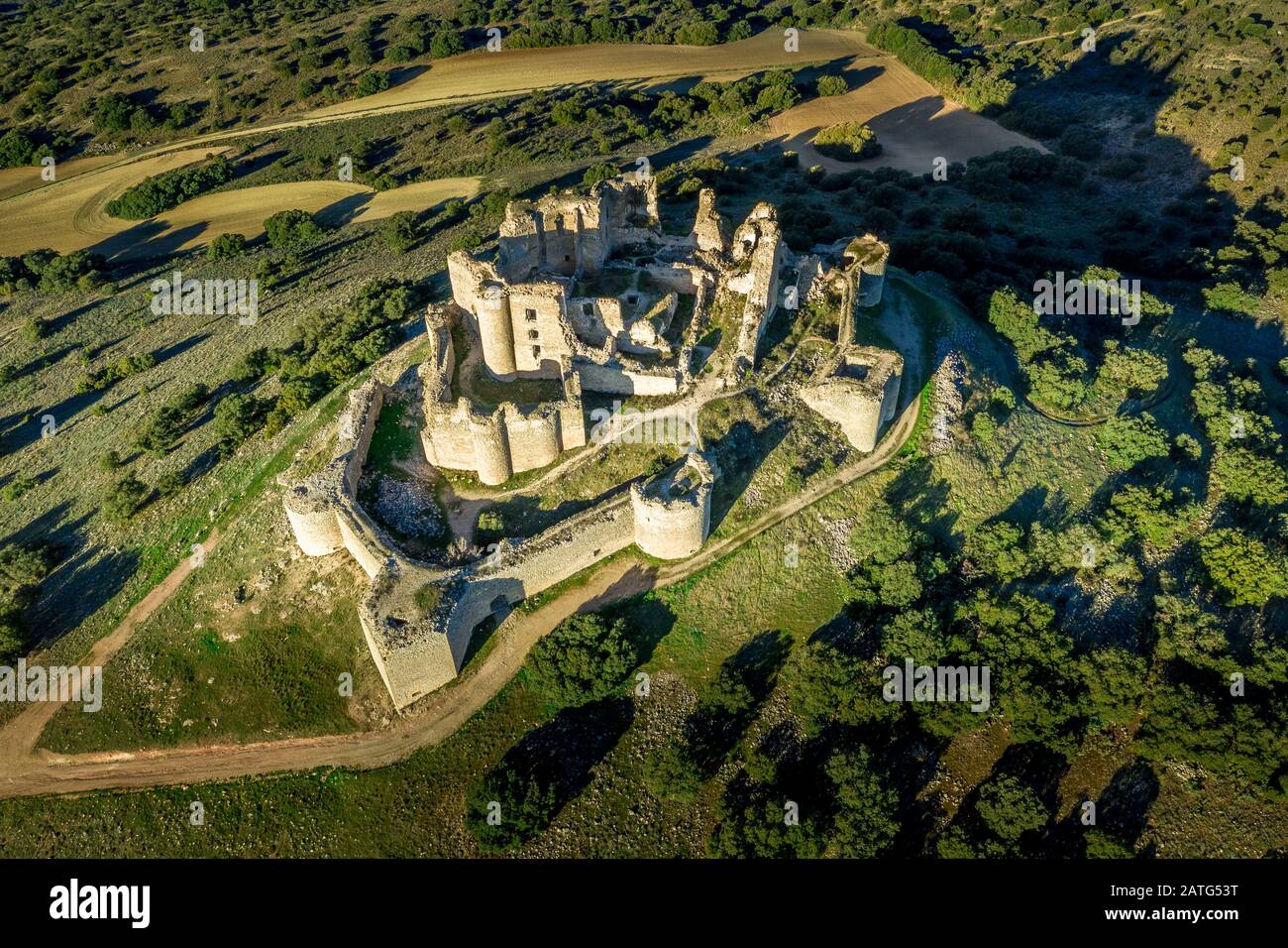 Aerial view of medieval castle ruin Pueble de Almenara in Cuenca Spain ...