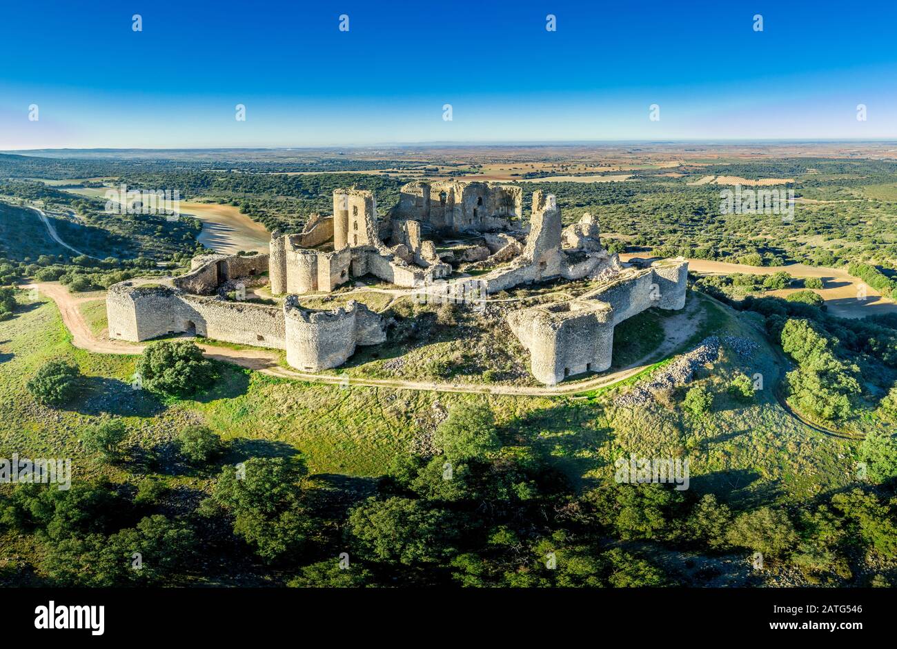 Aerial view of medieval castle ruin Pueble de Almenara in Cuenca Spain ...