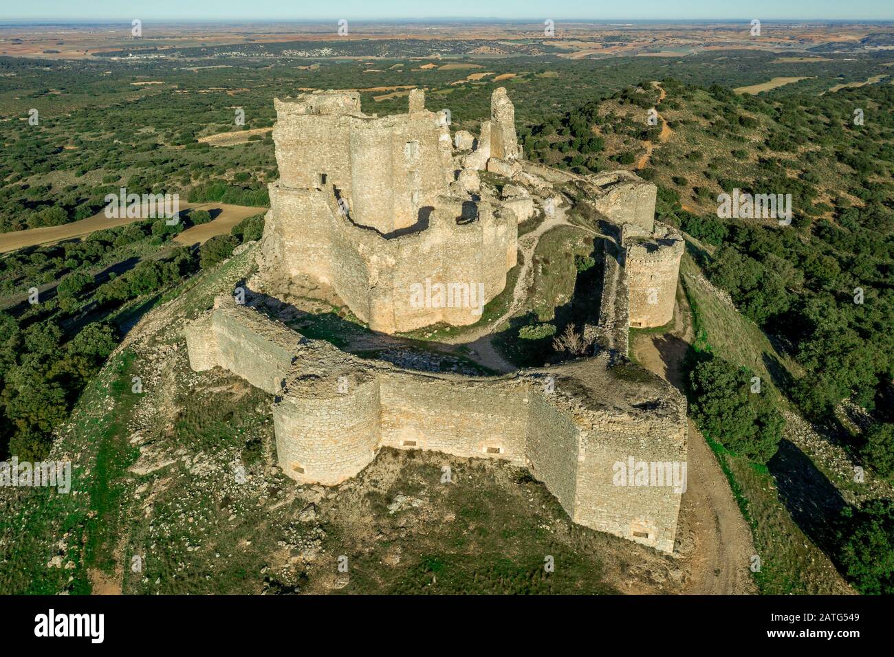 Aerial view of medieval castle ruin Pueble de Almenara in Cuenca Spain ...