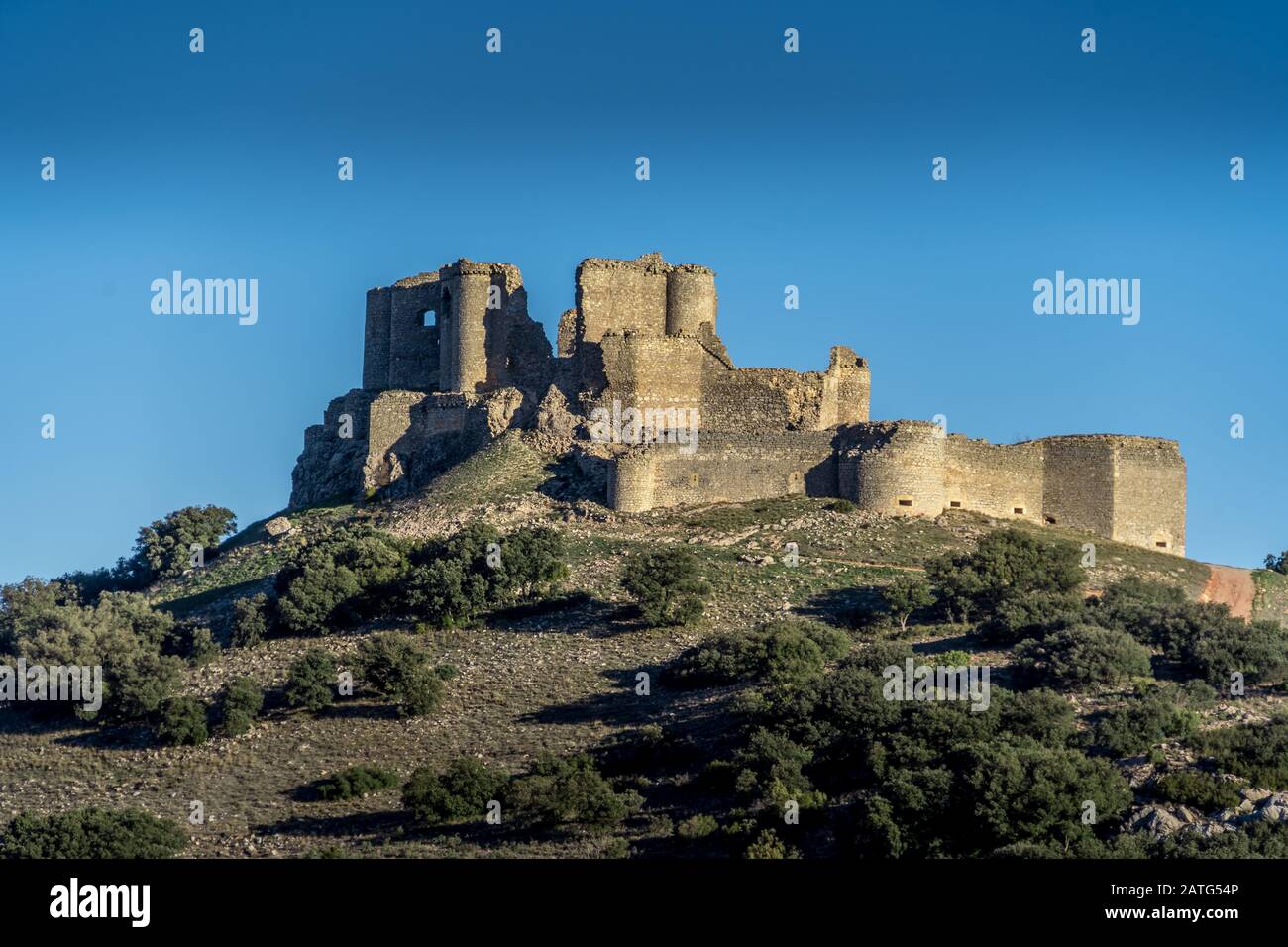 Aerial view of medieval castle ruin Pueble de Almenara in Cuenca Spain ...