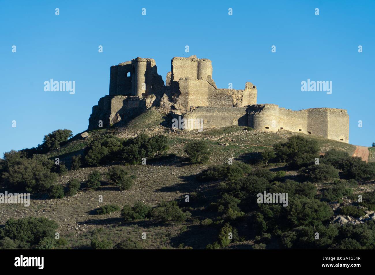 Aerial view of medieval castle ruin Pueble de Almenara in Cuenca Spain ...