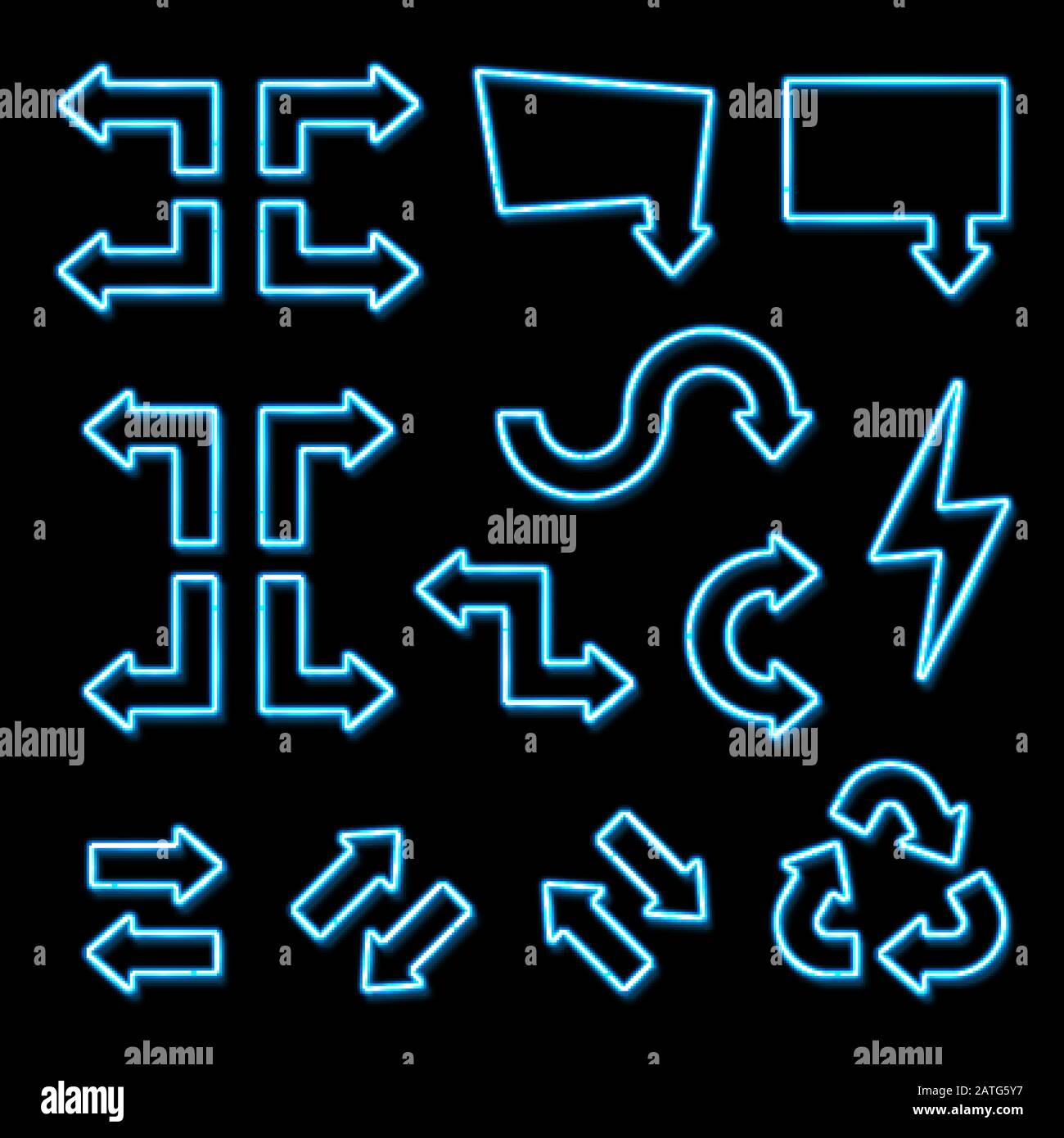 Blue neon 3d arrows set on black background. Shining led halogen lamp ...