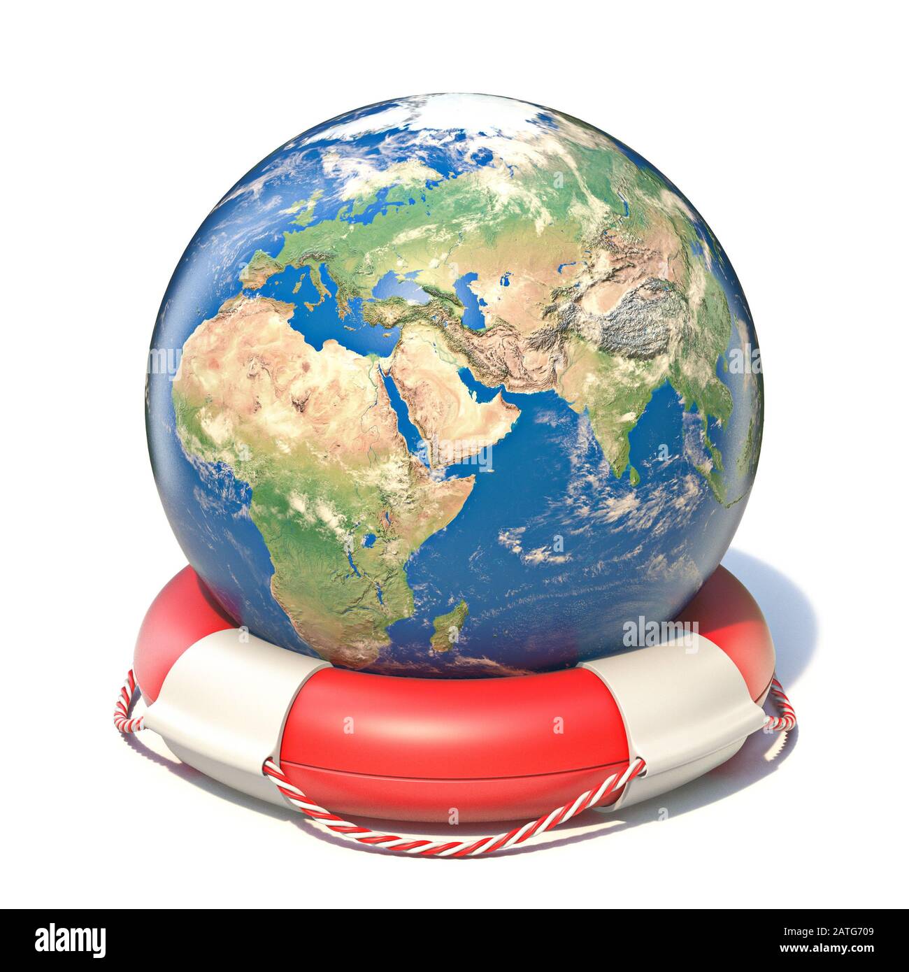Earth globe in lifebuoy 3D rendering illustration isolated on white ...