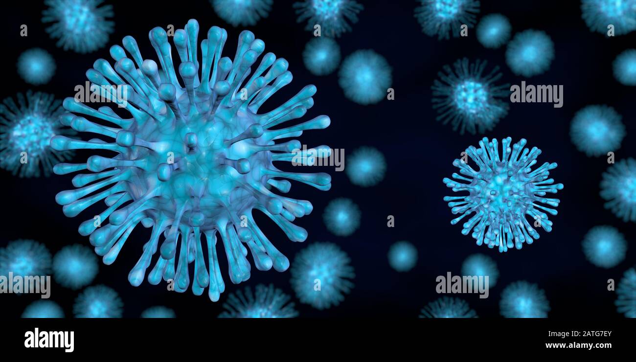 Blue viruses with hairs and rough texture floating on a dark blue ...