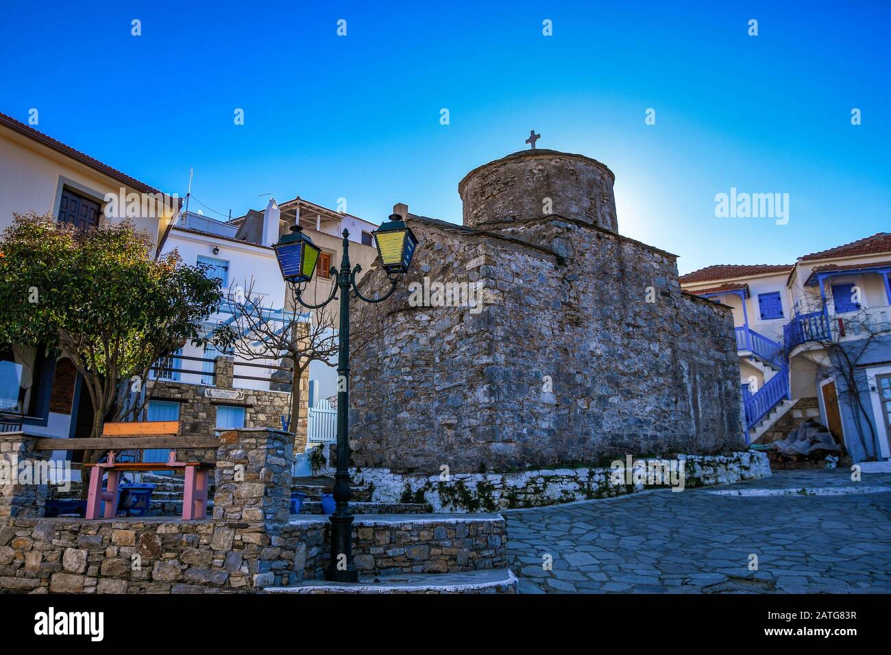 Traditional Greek Orthodox church in Old village Chora, Alonissos ...