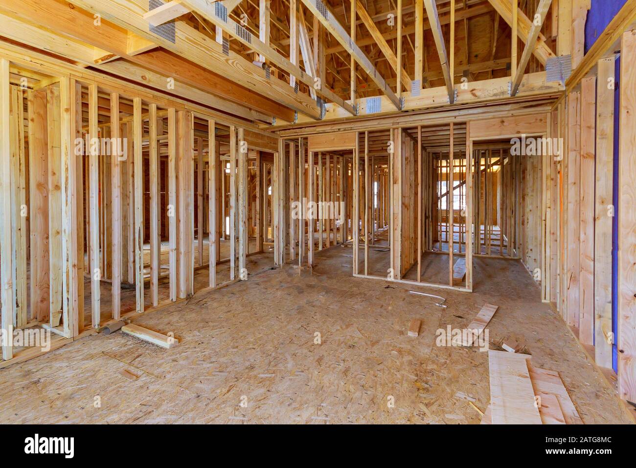 Under construction home framing interior view of a house Stock Photo ...