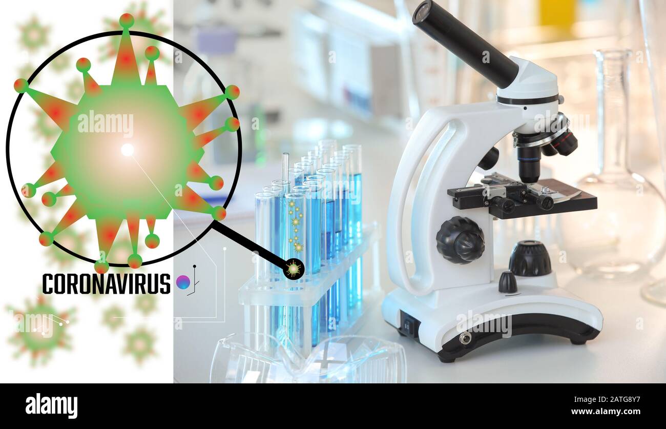 Test tubes with samples and microscope on table in laboratory. Concept ...
