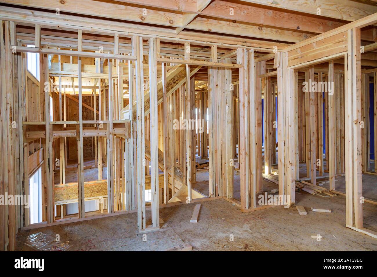 Interior view of a house under construction home framing Stock Photo ...