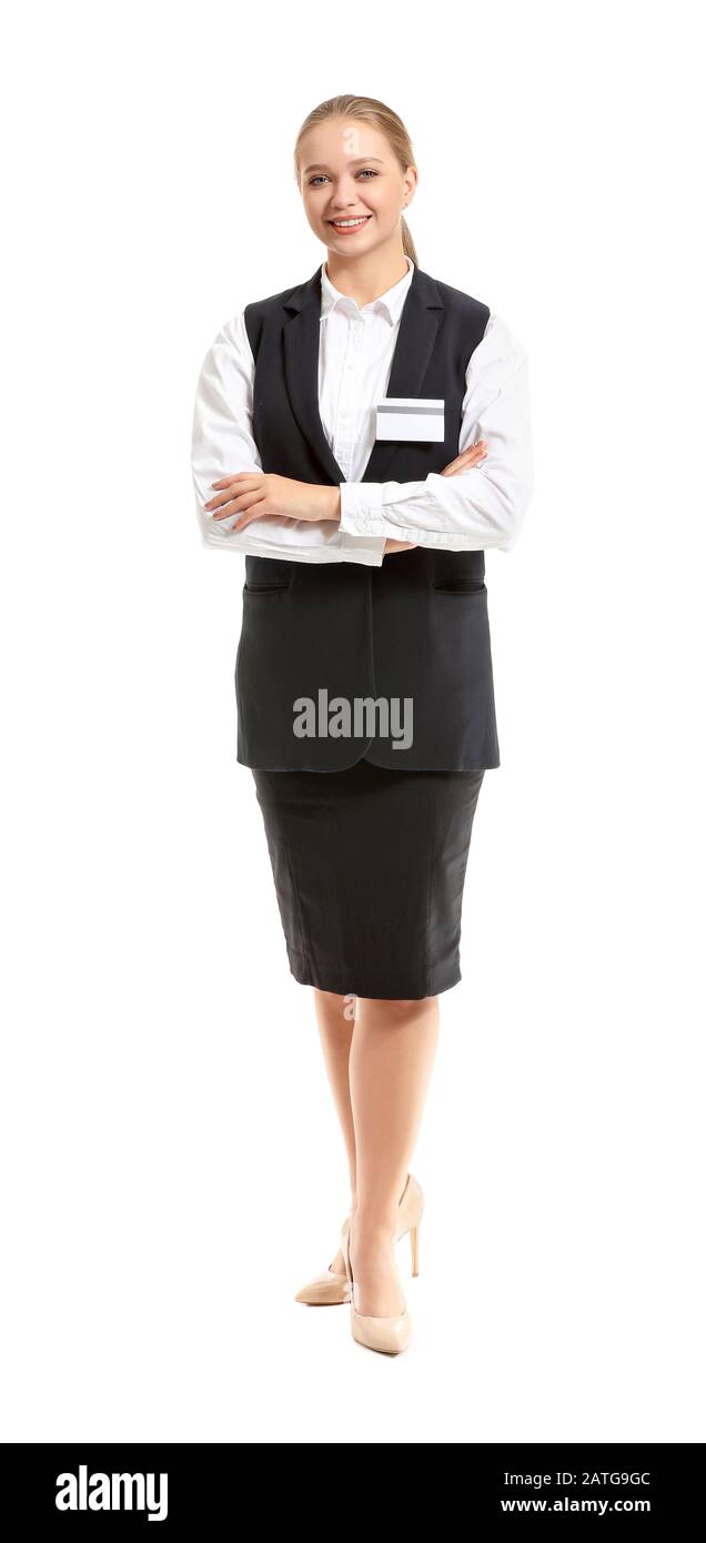 Portrait of female receptionist on white background Stock Photo - Alamy