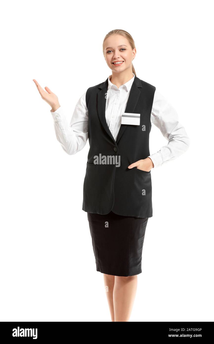 Portrait of female receptionist on white background Stock Photo - Alamy