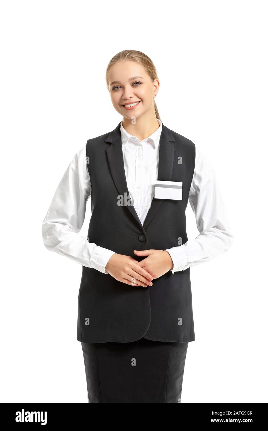 Portrait of female receptionist on white background Stock Photo - Alamy