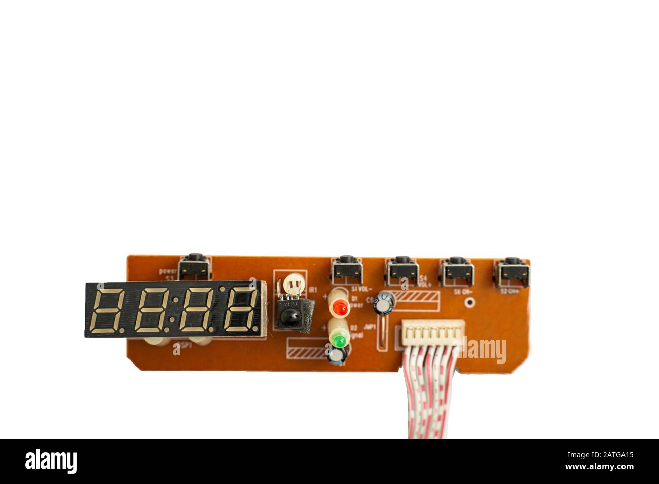 The seven segment LED mounted on PCB and isolated on white back ground ...