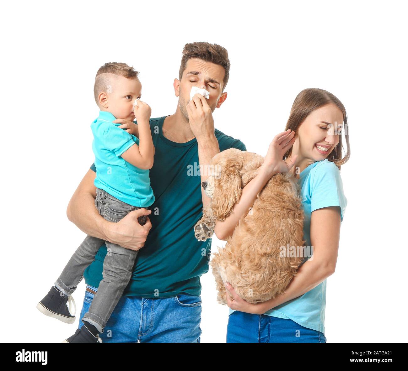 Family with pet allergy on white background Stock Photo - Alamy