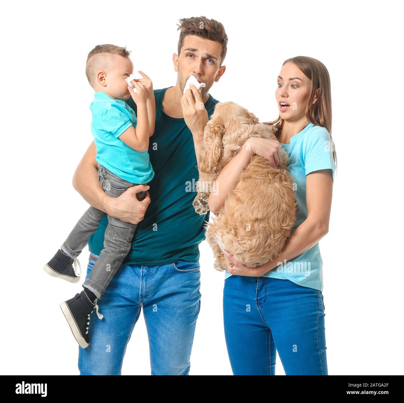 Family with pet allergy on white background Stock Photo - Alamy