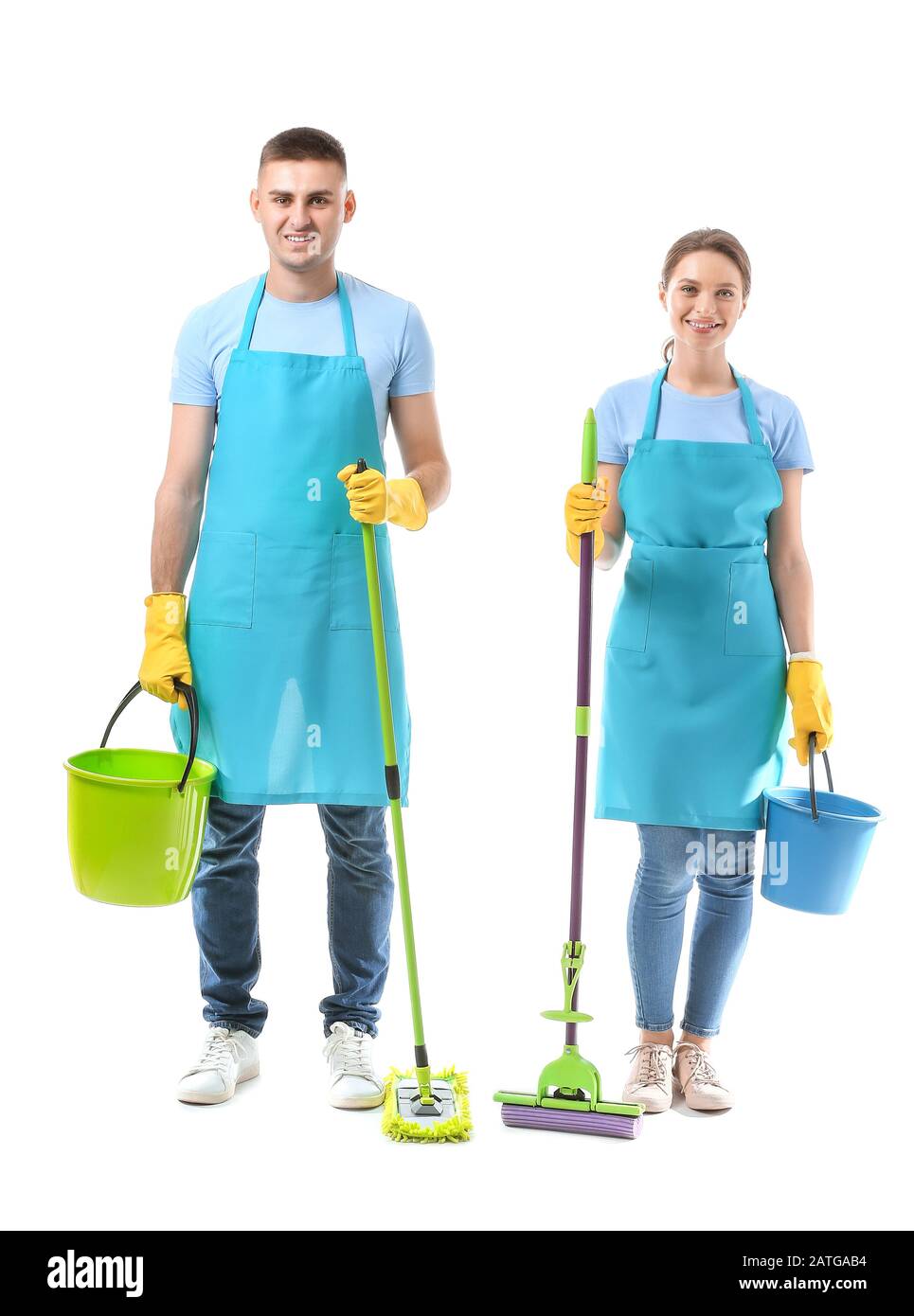 Portrait of janitors on white background Stock Photo - Alamy