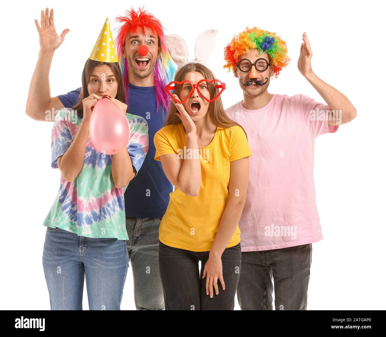 People in funny disguise on white background. April fools' day ...