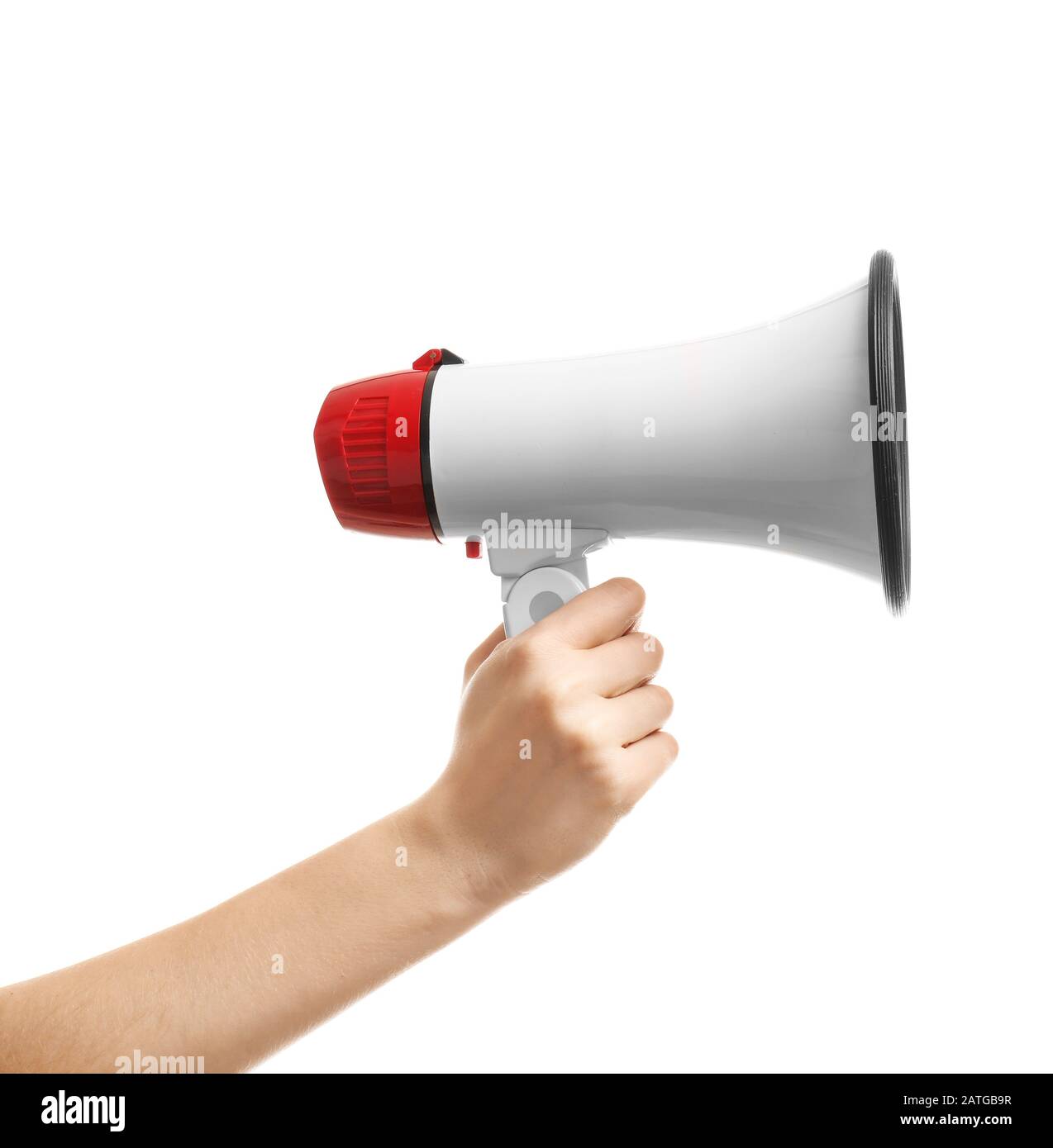 Female hand with megaphone on white background Stock Photo - Alamy