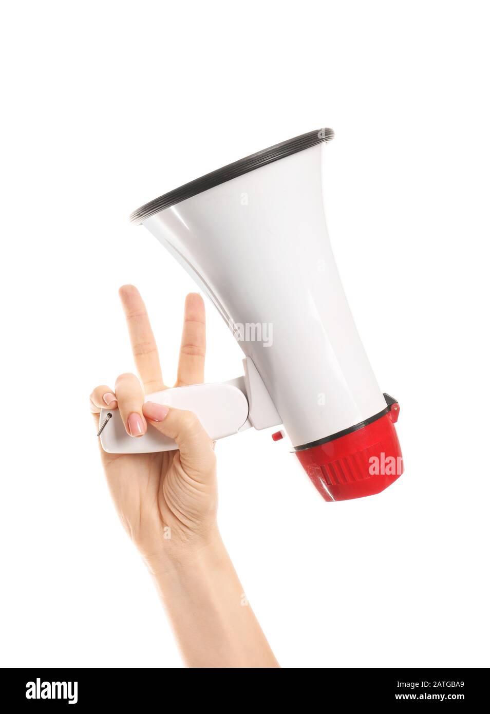 Female hand with megaphone on white background Stock Photo - Alamy