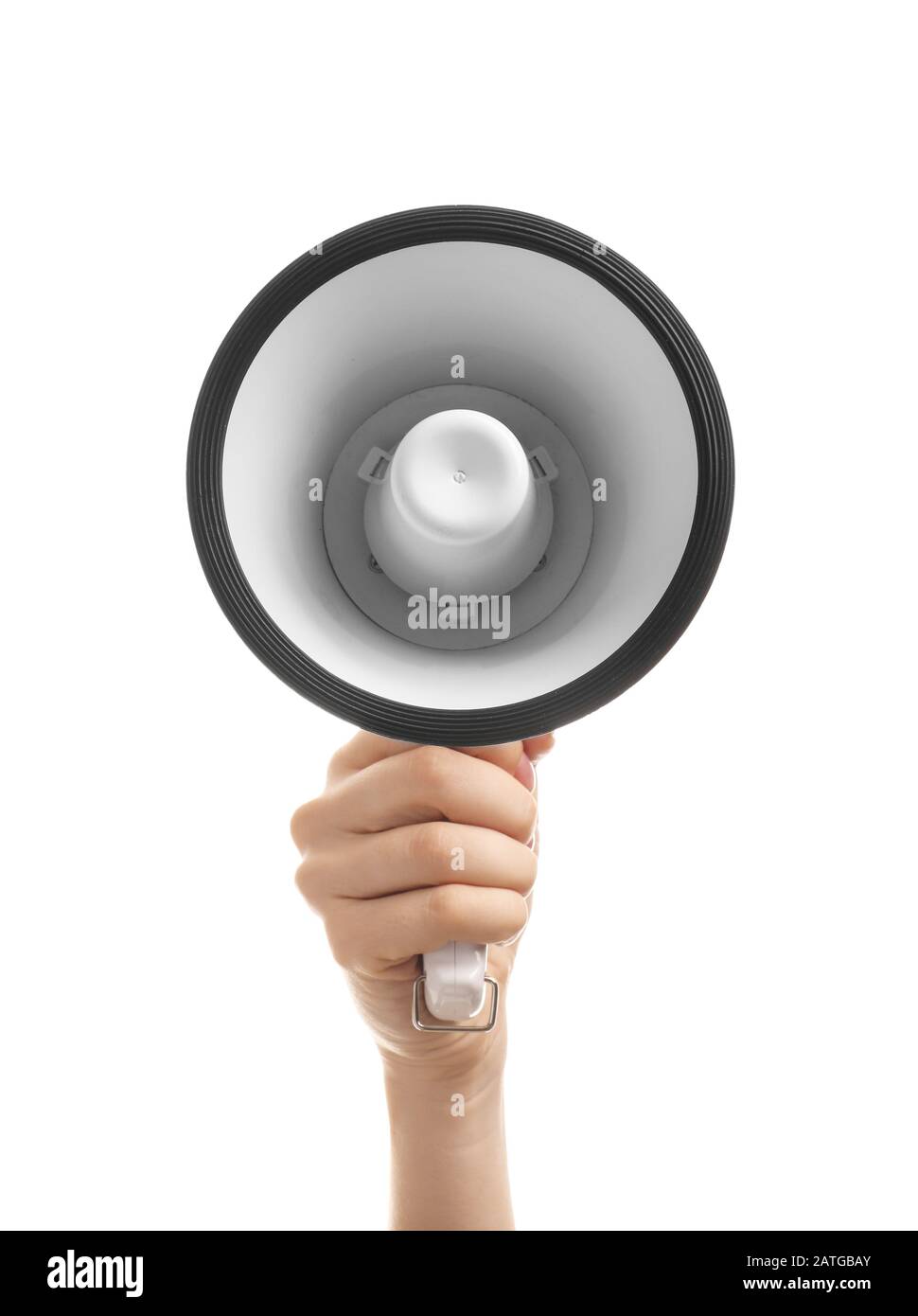 Female hand with megaphone on white background Stock Photo - Alamy