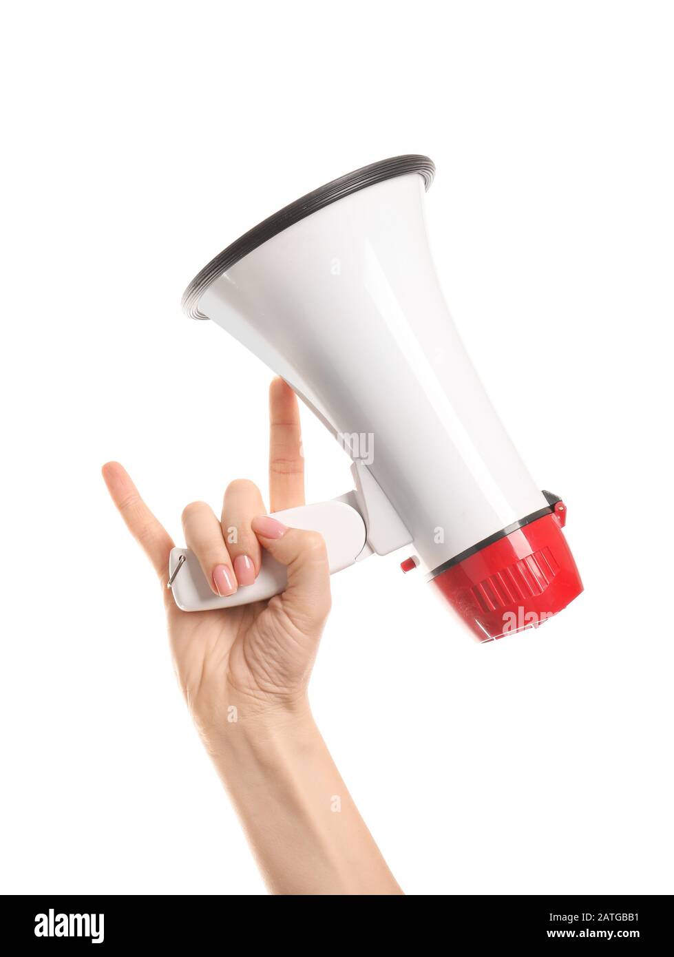 Female hand with megaphone on white background Stock Photo - Alamy