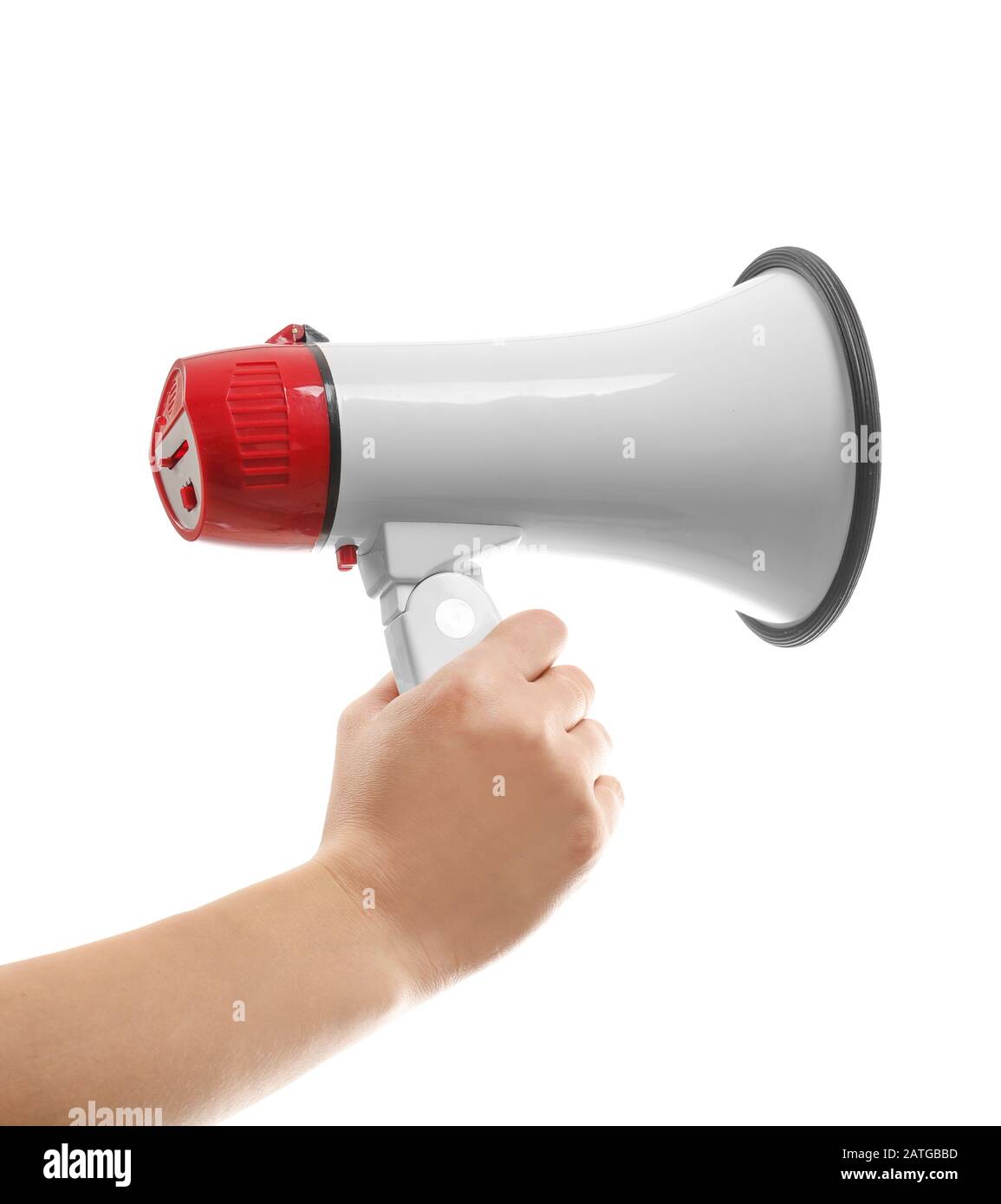 Female hand with megaphone on white background Stock Photo - Alamy