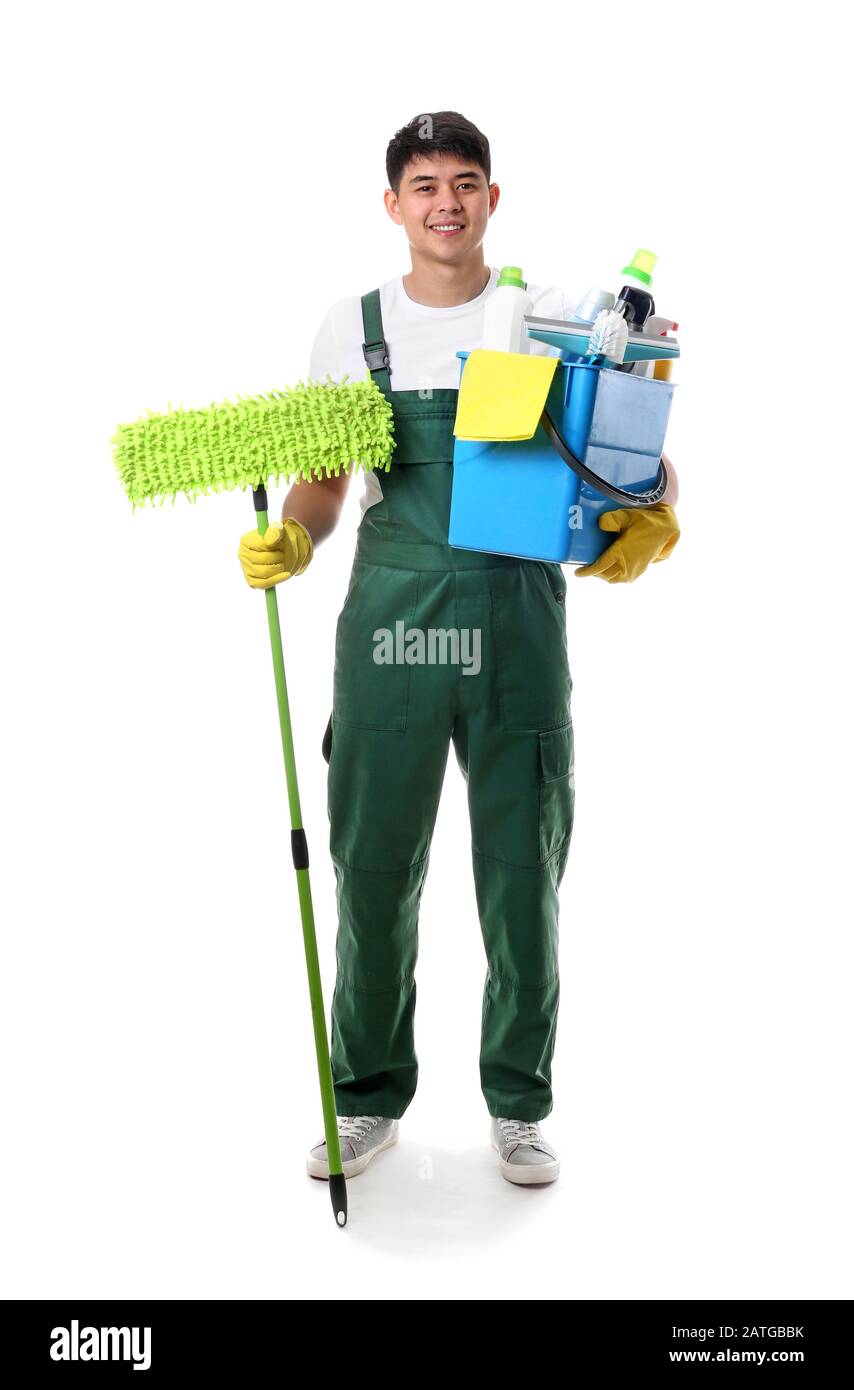 Asian janitor with cleaning supplies on white background Stock Photo ...