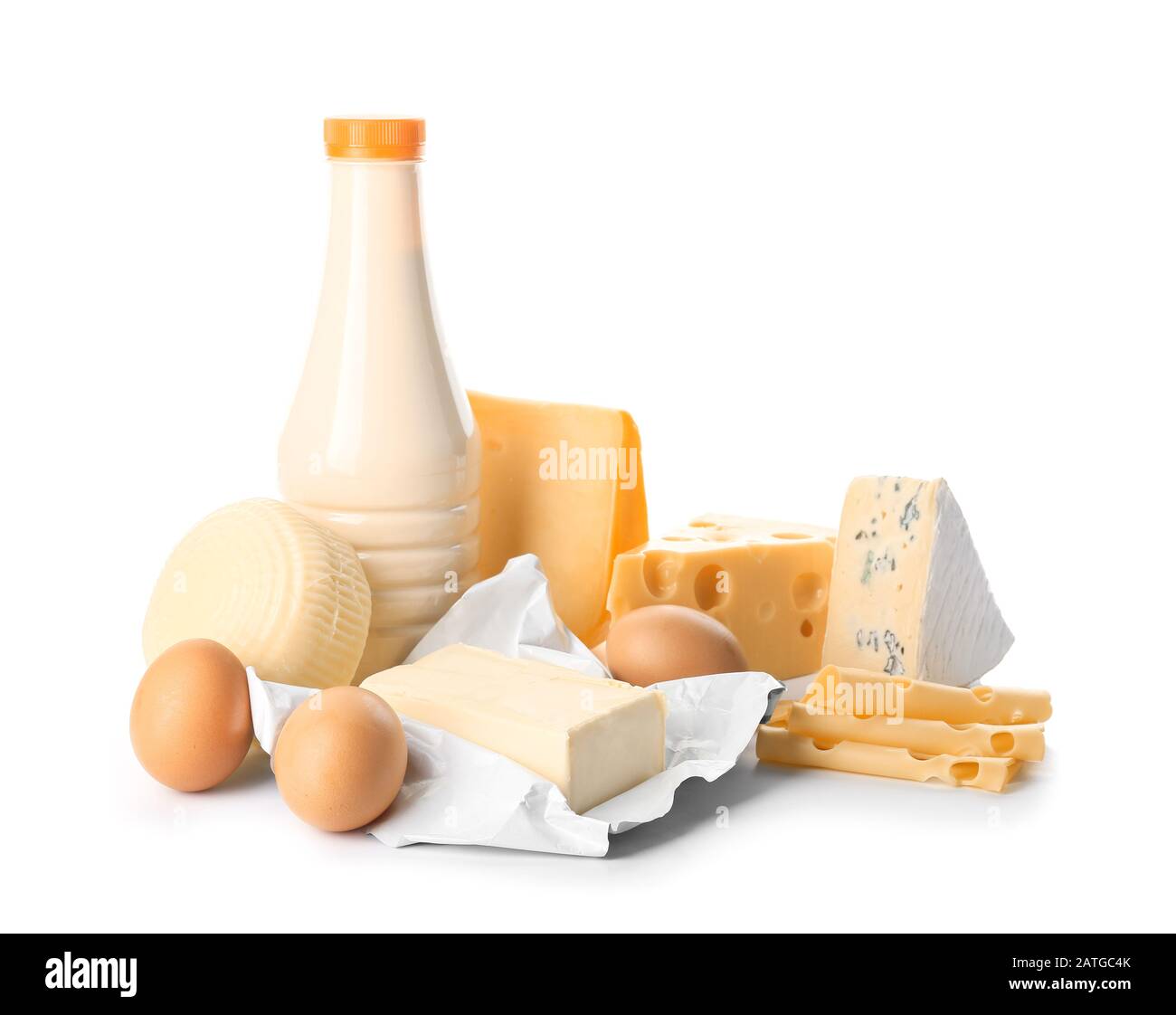 Different dairy products on white background Stock Photo - Alamy